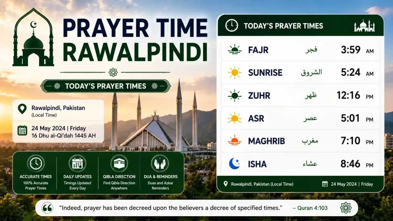 Prayer Time Rawalpindi Today – Fajr, Zuhr, Asr, Maghrib & Isha